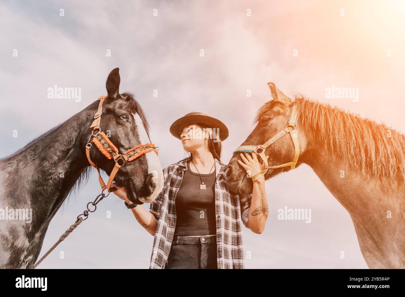 Woman Horses Ranch - A woman in a plaid shirt and hat stands between ...