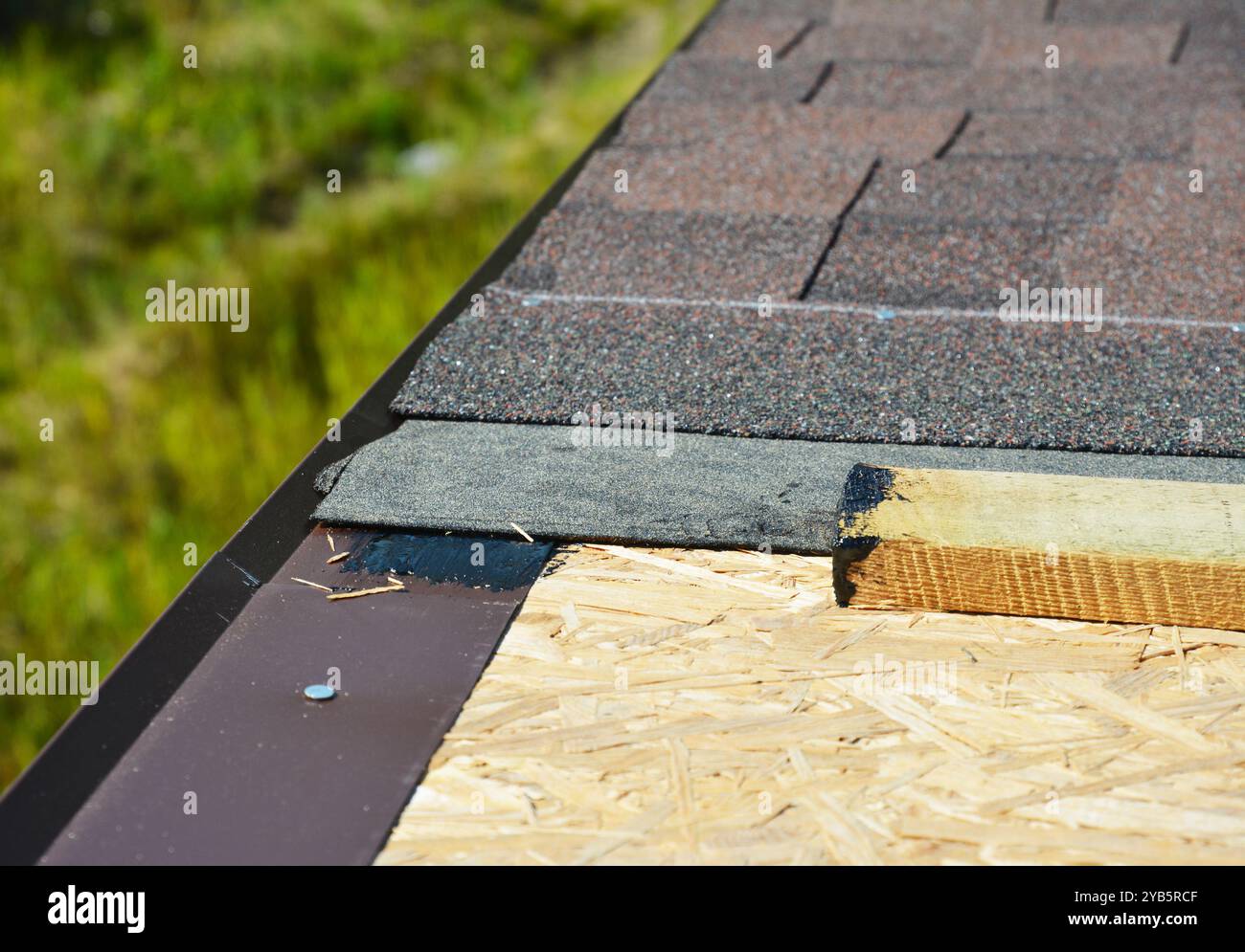 Asphalt shingles roofing construction with laying asphalt shingles on ...