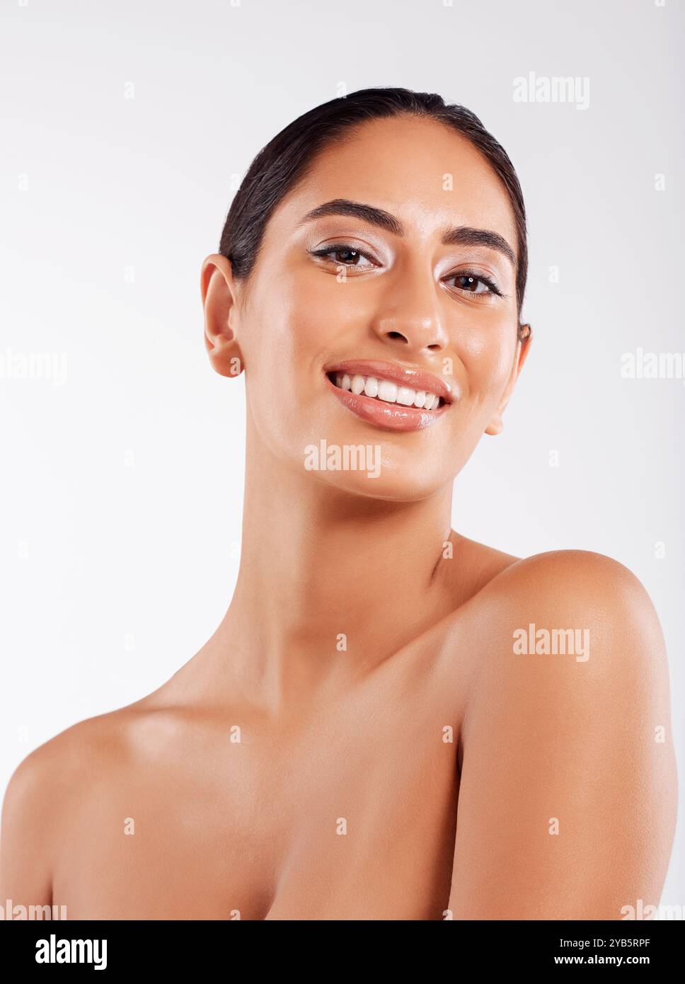 Model, skin care and aesthetic portrait in studio with body, glow and ...