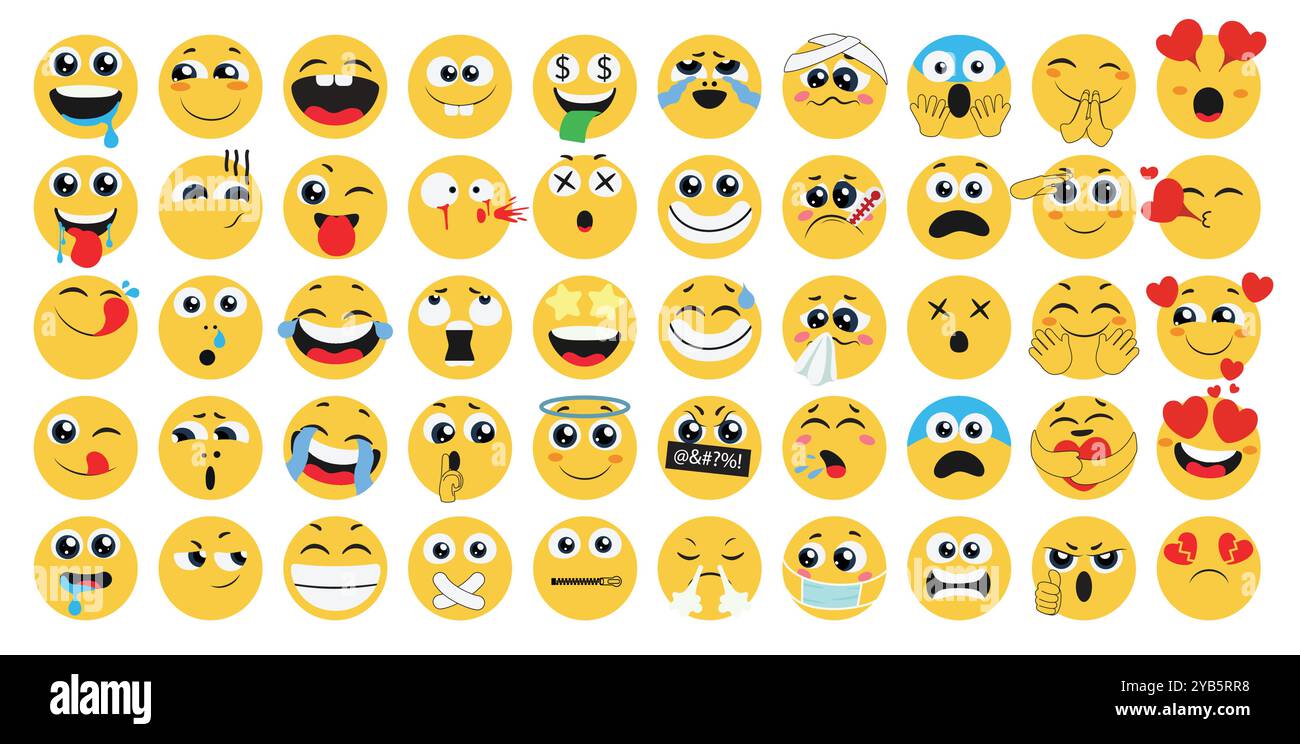 Emoji flat characters vector set. Emojis hungry, happy, naughty, silly ...