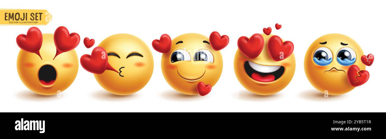 Emoji in love emoticon characters vector set. Emojis emoticons character with in love, heart ...