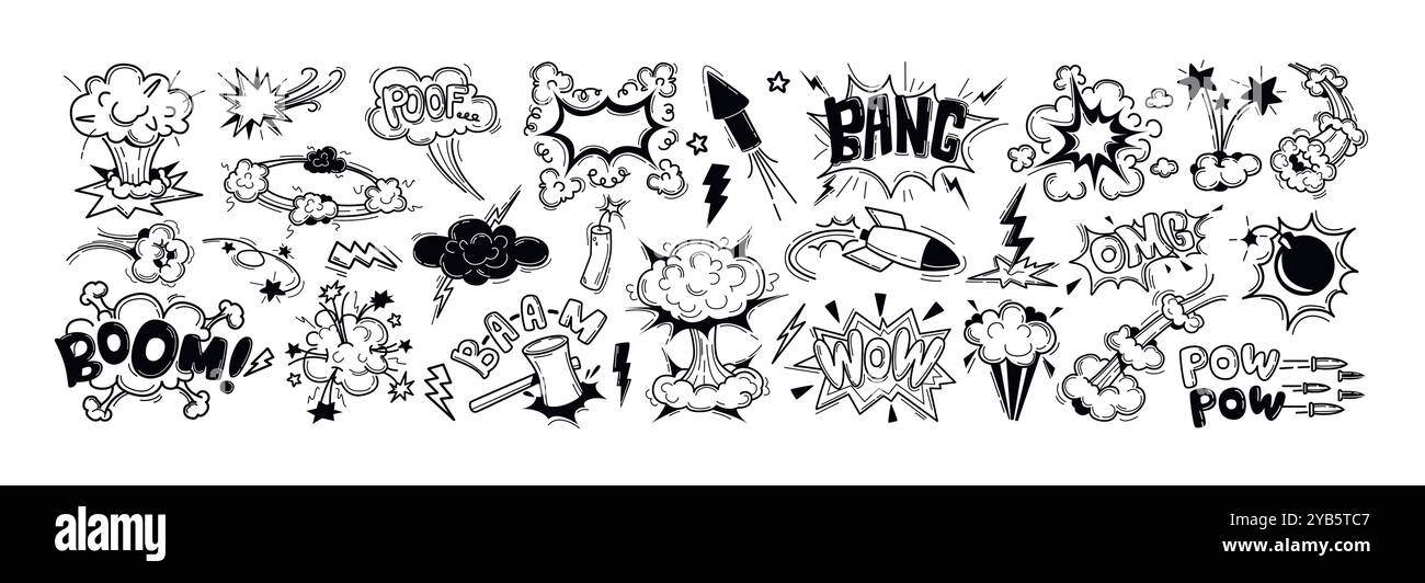 Doodle hand drawn bomb explosion with boom crash smoke effect. Comic ...