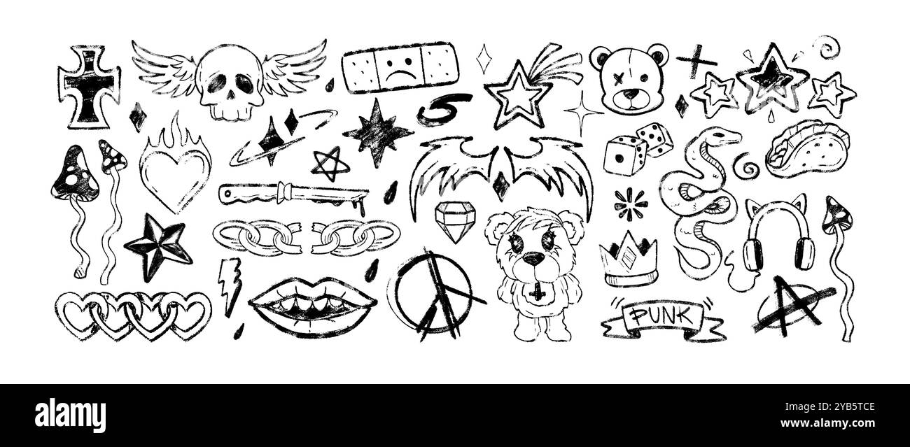 Charcoal graffiti doodle punk symbols. Hand drawn black crayon hard ...