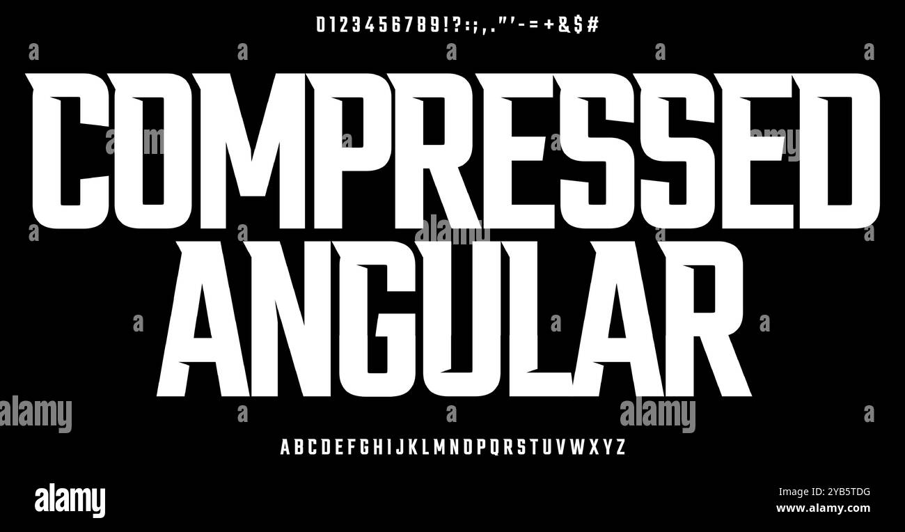 Compressed angular alphabet with bold geometry letters. Sharp ...