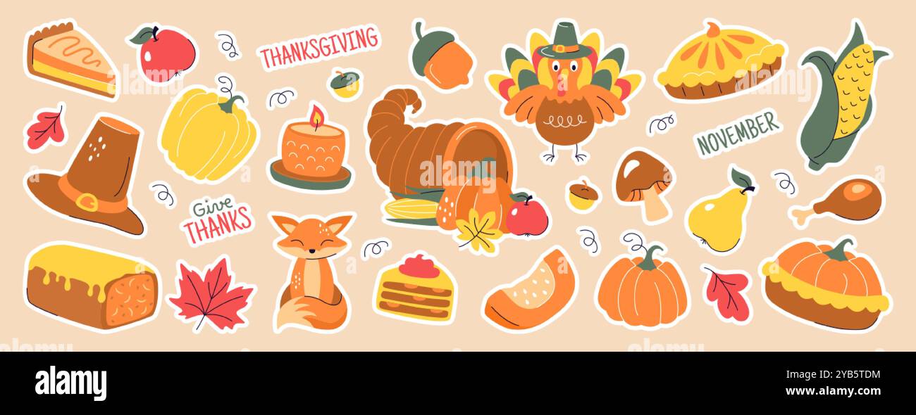 Thanksgiving scrapbook stickers. Vector set of cozy doodle autumn ...
