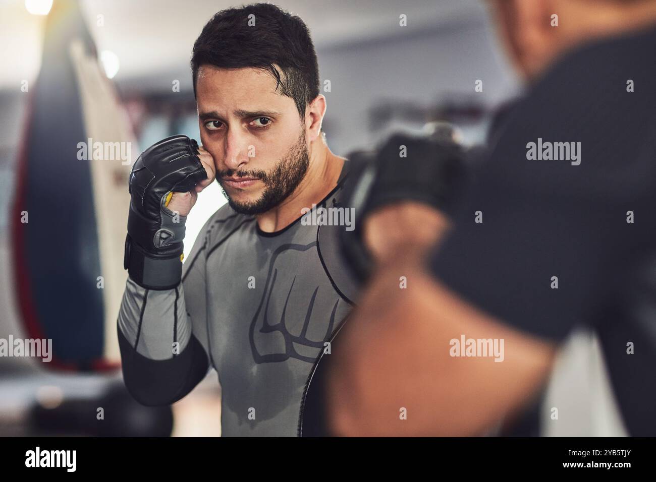 Fight, exercise and people with lesson at gym for combat training ...