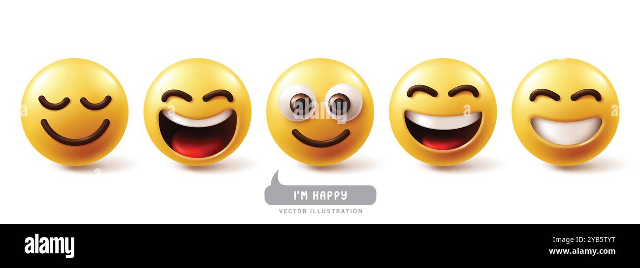 Emoji happy emoticon characters vector set. Emojis emoticons in enjoy ...