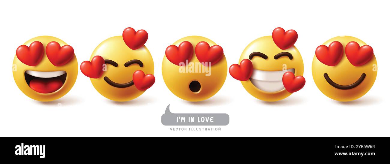 Emoji in love emoticon characters vector set. Emojis emoticons characters with in love, heart ...