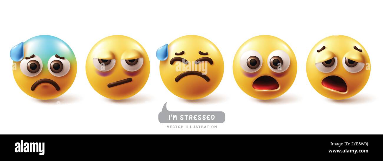 Emoji stress emoticon characters vector set. Emojis emoticons in stress, nervous, worried, tired ...