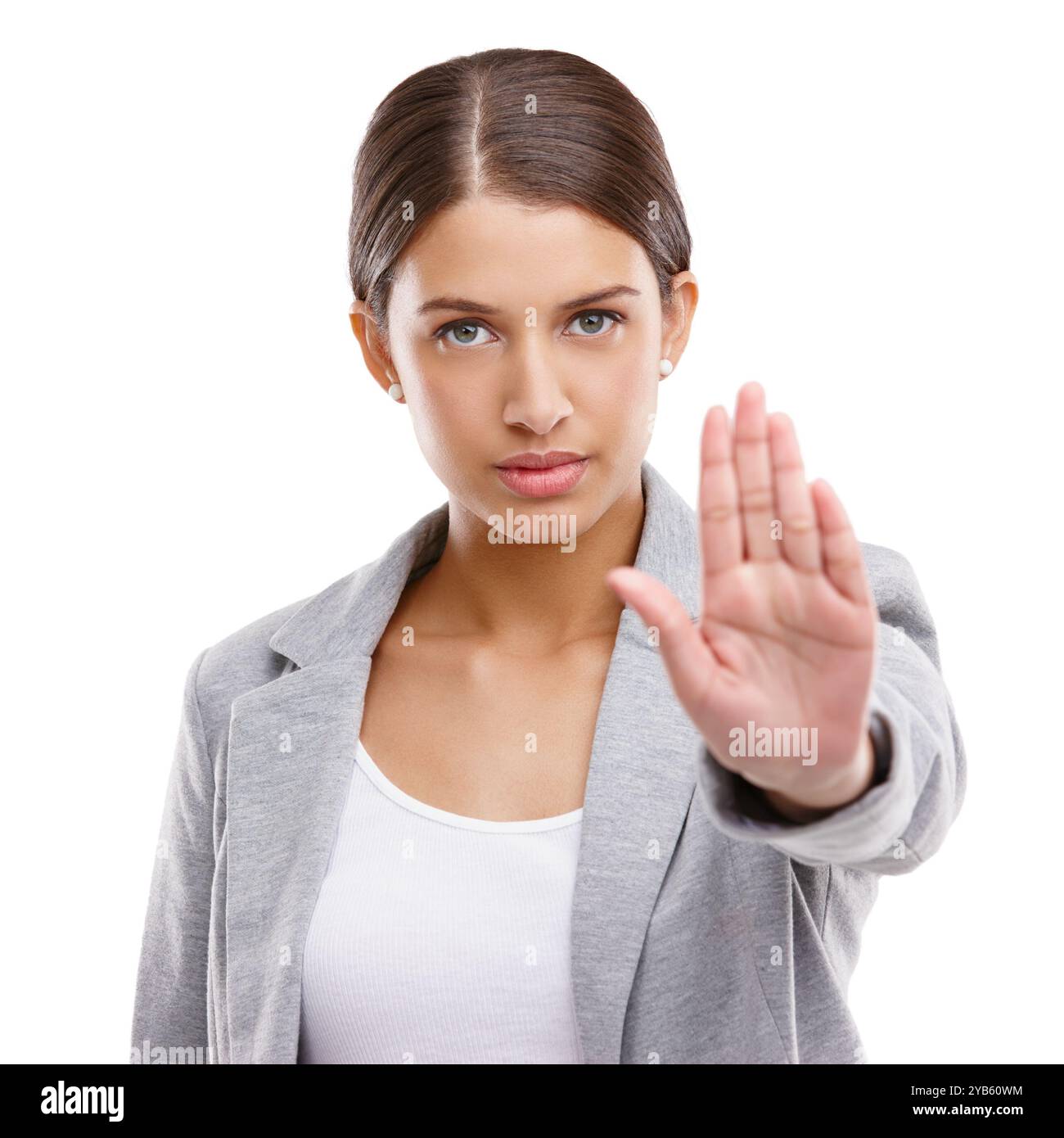 Business woman, portrait and hand with stop for no, rejection or halt ...