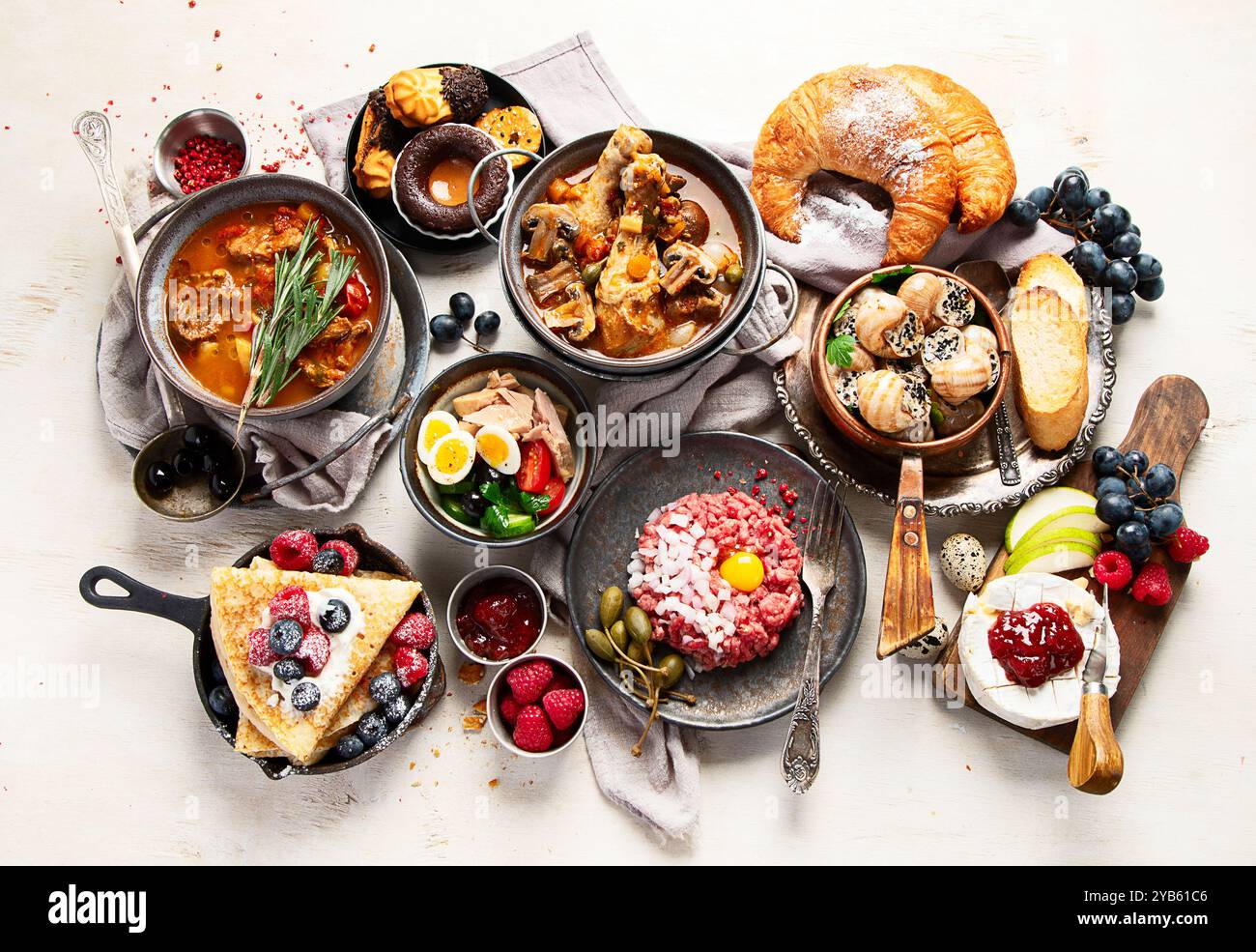 Traditional french food dishes, family dinner or lunch, top view on ...