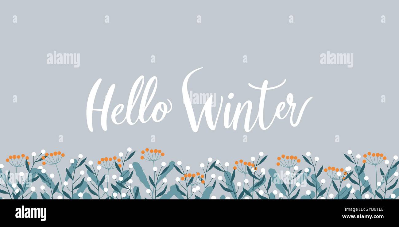 Hello Winter banner, text and winter cold branch blue cool colors and ...