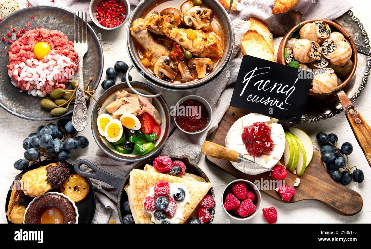 Traditional french food dishes, family dinner or lunch, View from above ...