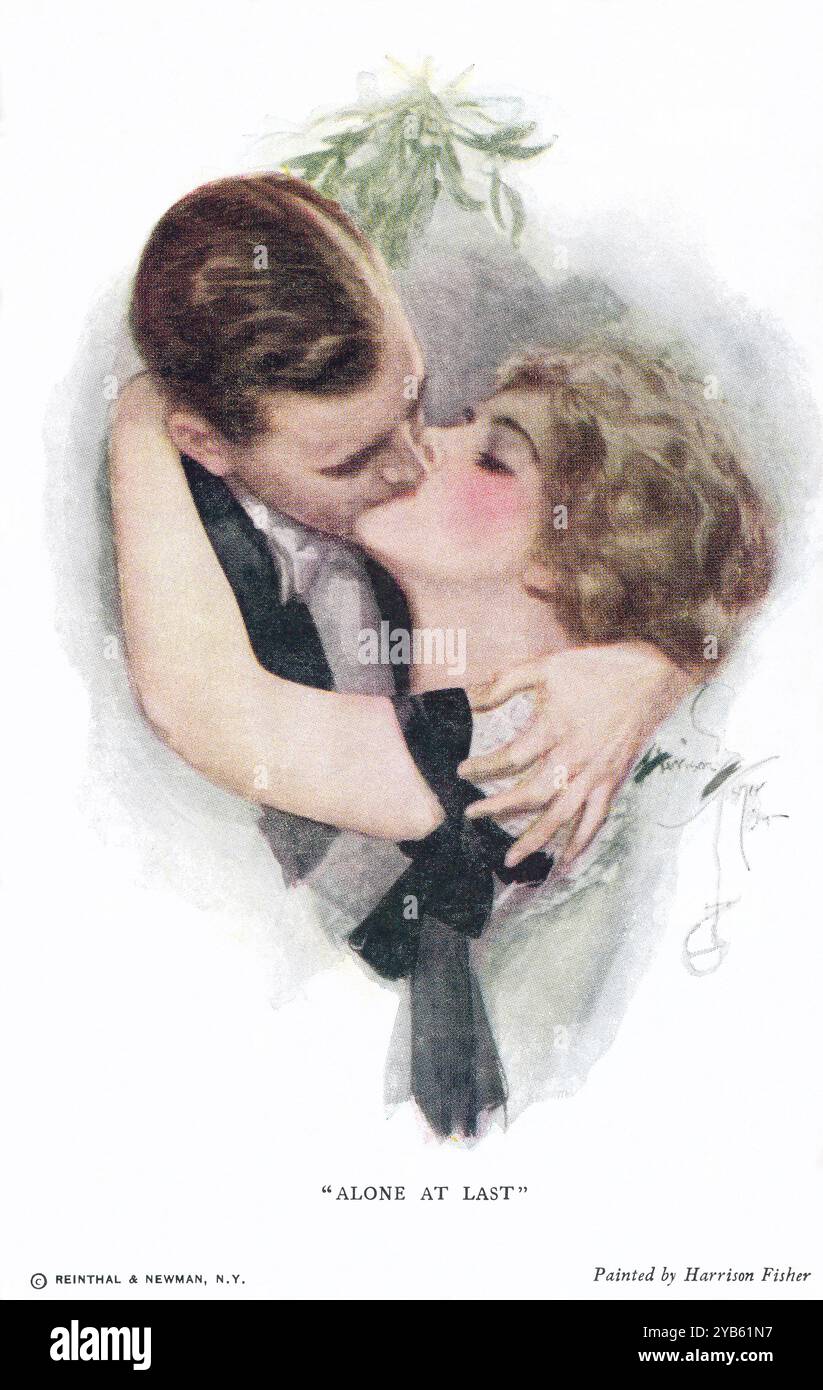 Vintage British postcard by artist Harrison Fisher of a romantic couple kissing, titled 'Alone ...