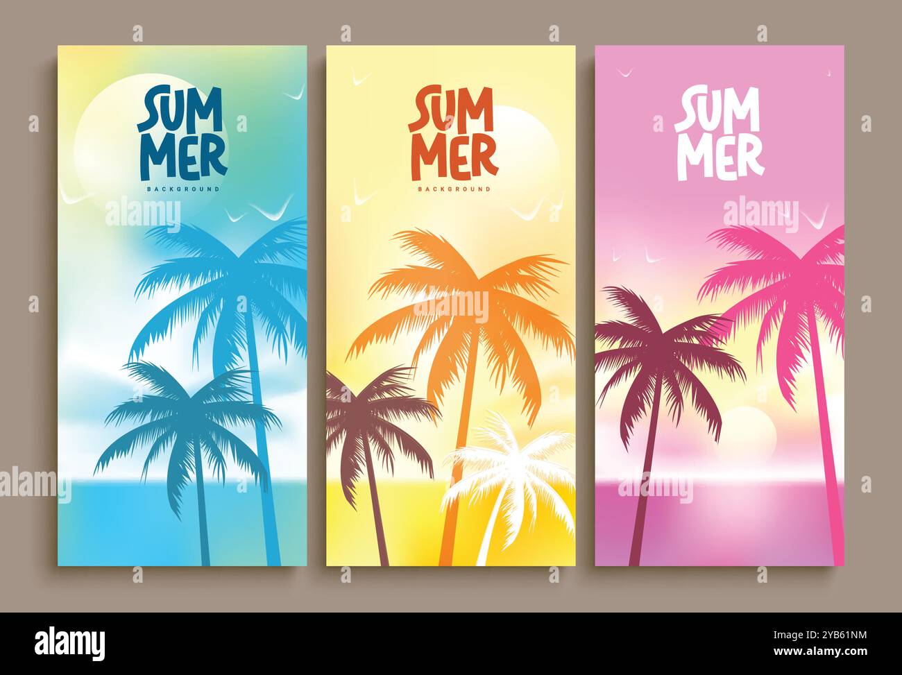 Summer sun vector poster set design. Summer sunny, sunshine, sunset and ...