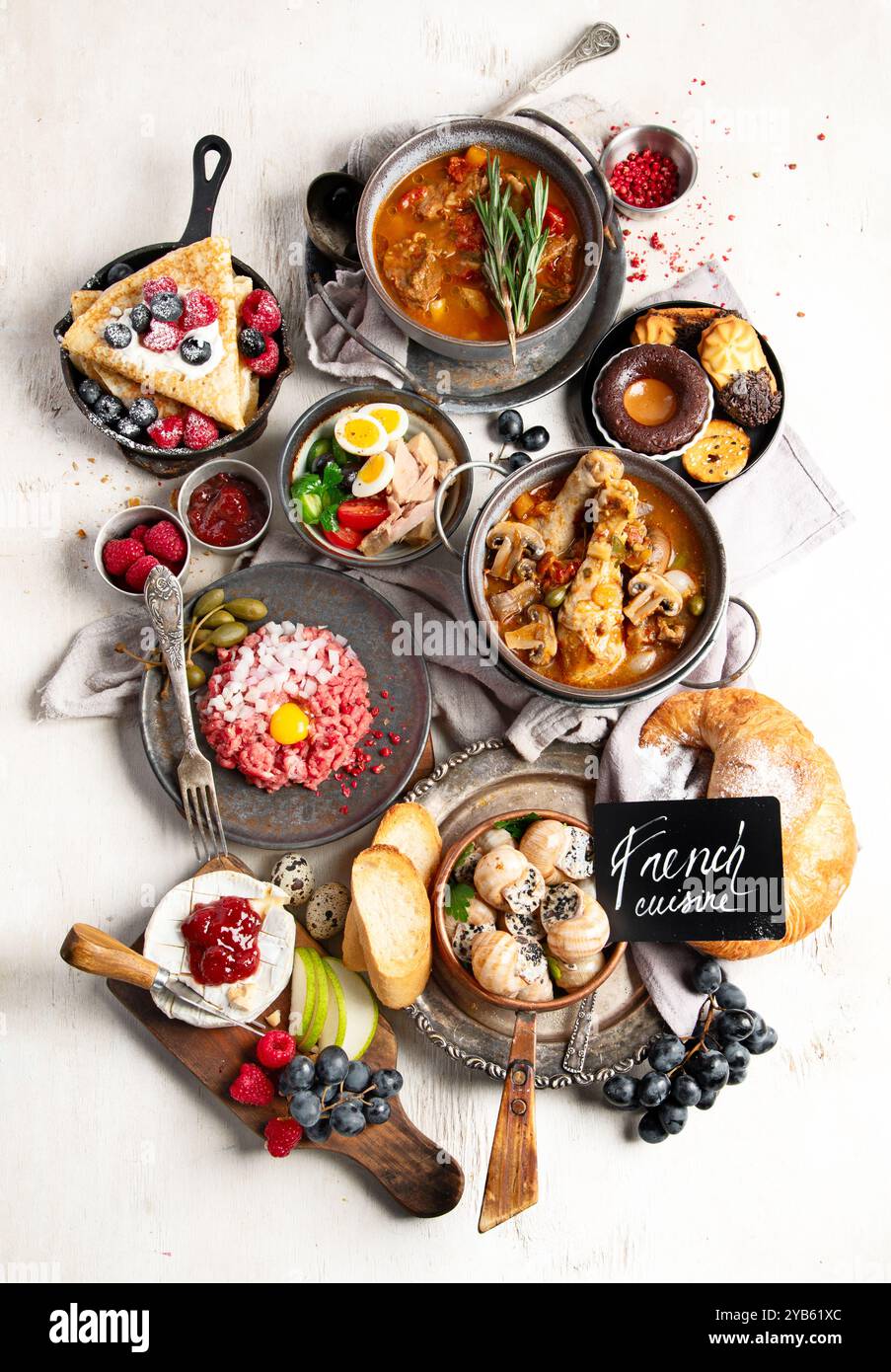Traditional french food dishes, family dinner or lunch, View from above ...