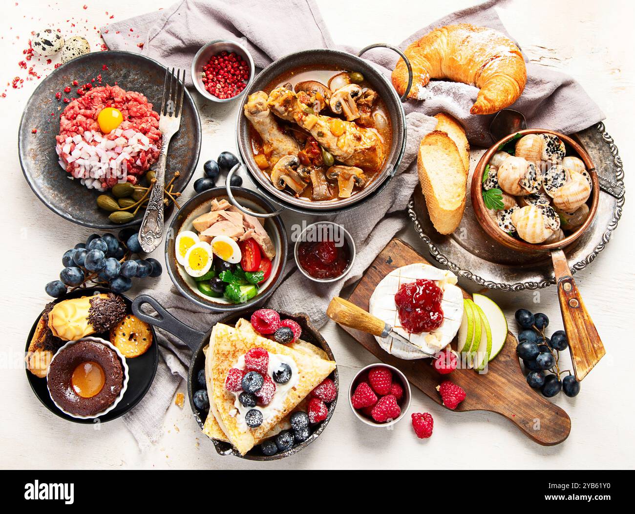 Traditional french food dishes, family dinner or lunch, View from above ...