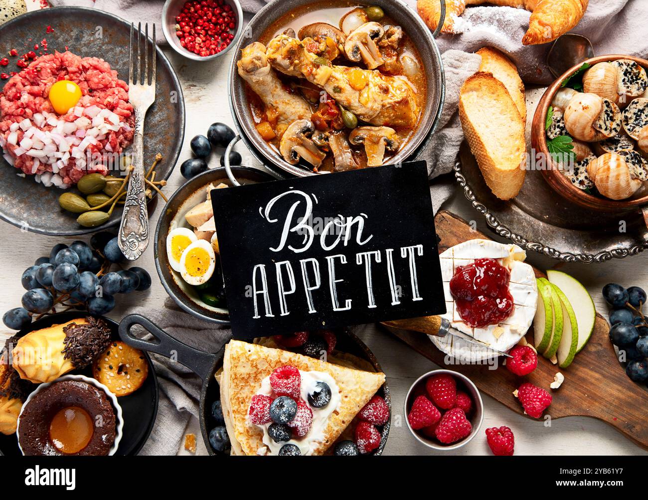 Traditional french food dishes, family dinner or lunch, View from above ...