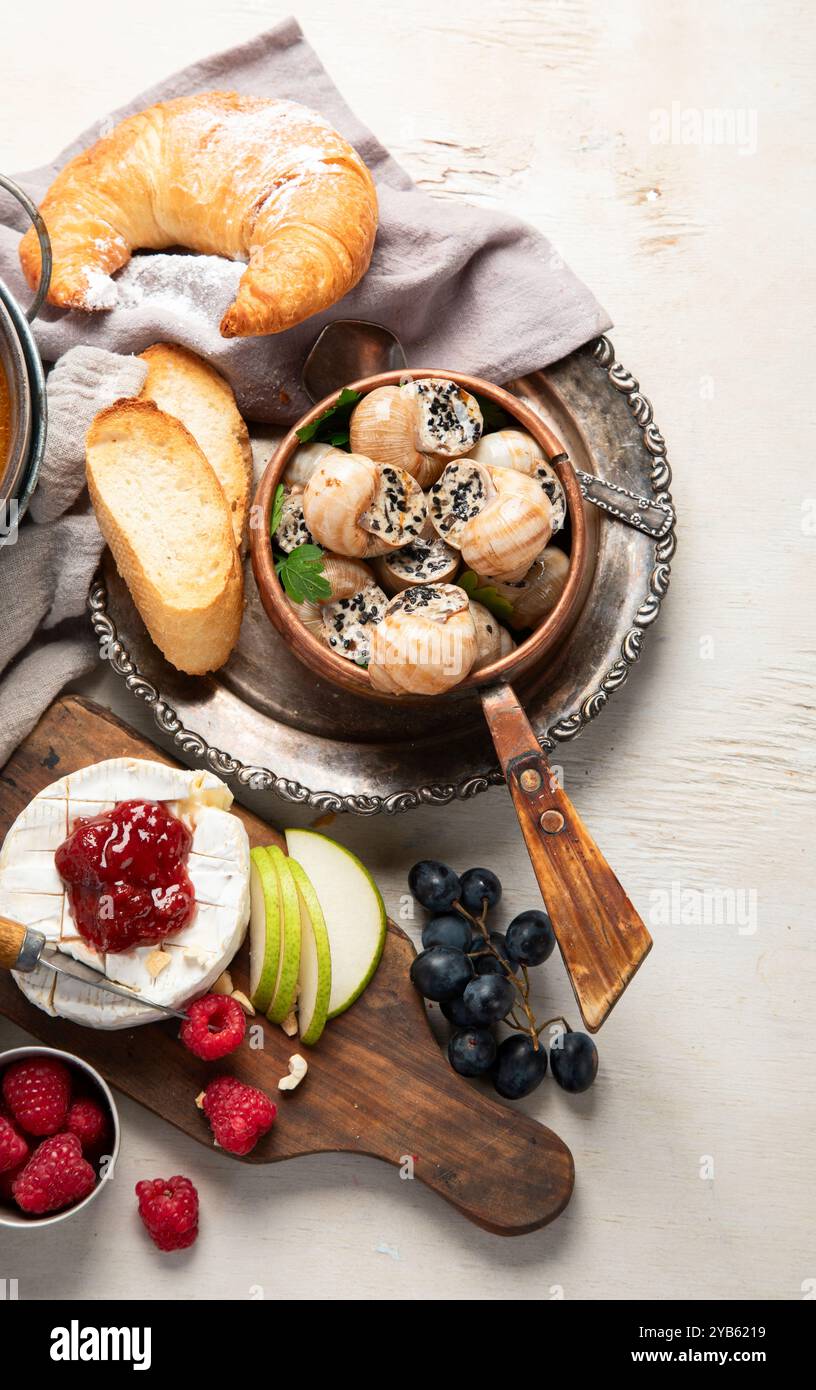 Traditional french food dishes, family dinner or lunch, View from above ...