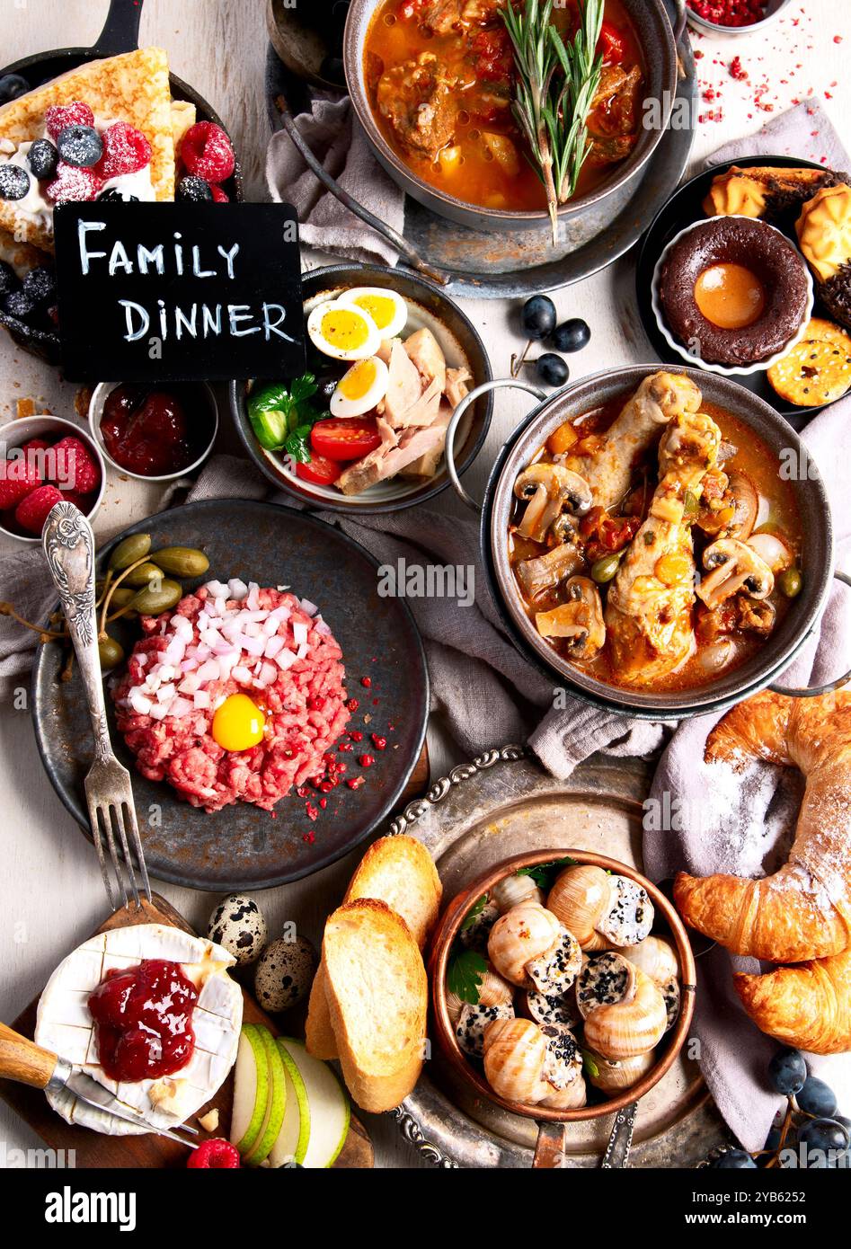 Traditional french food dishes, family dinner or lunch, View from above ...