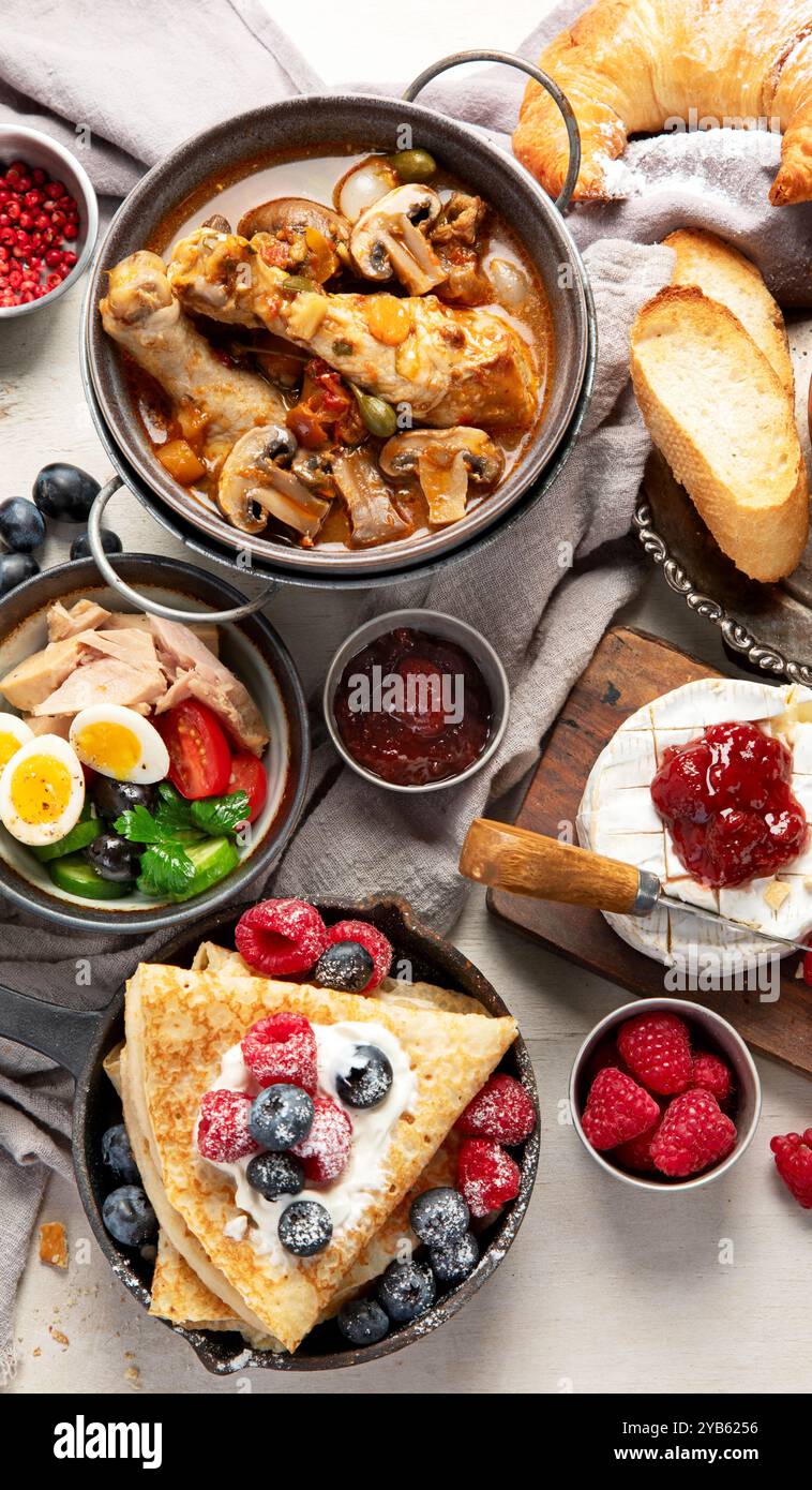 Traditional french food dishes, family dinner or lunch, View from above ...