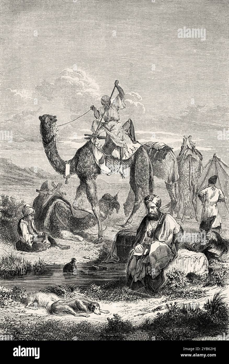 Ancient Persian camel caravan resting on its journey, Iran. Drawing by ...