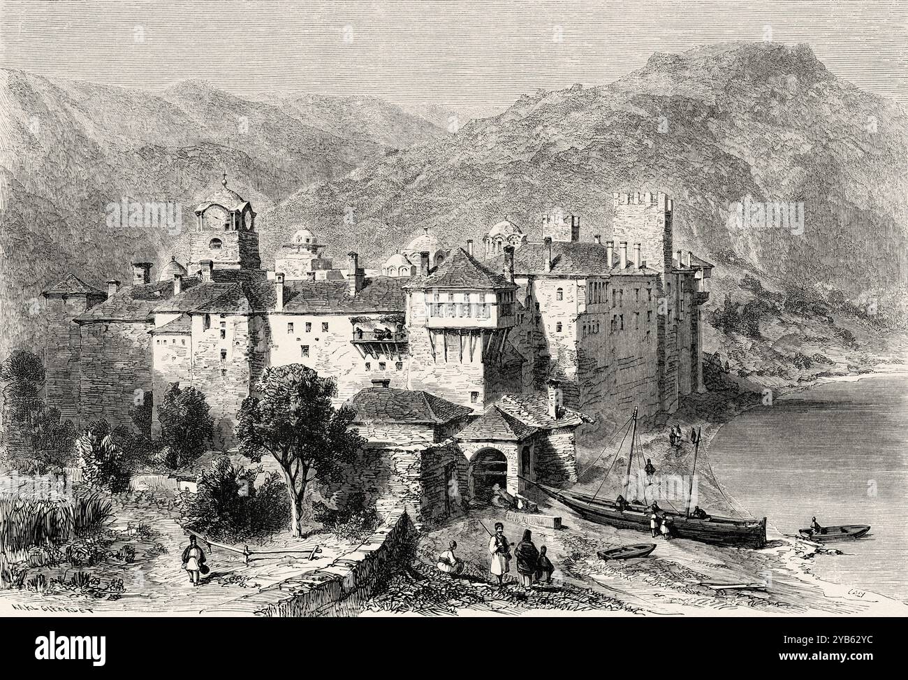 Holy Monastery of Esphigmenou, Mount Athos. Greece. Drawing by Karl ...
