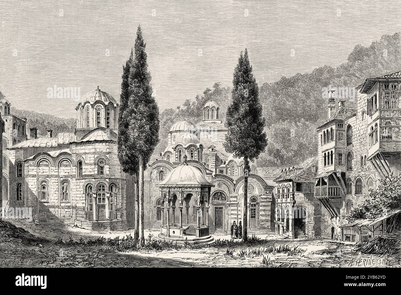 Hilandar Monastery, Mount Athos peninsula. Greece. Drawing by Dieudonne ...