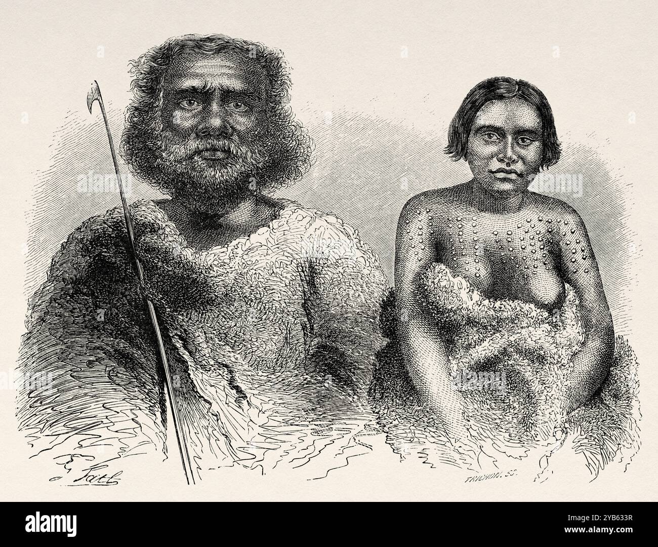 South Australian indigenous native man and woman, Australia. Drawing by G. Fath. Voyage from ...