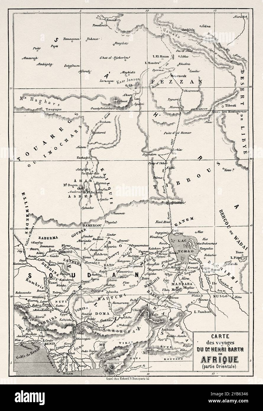 Old map of East Africa used by explorer Heinrich Barth. Africa. Travels ...