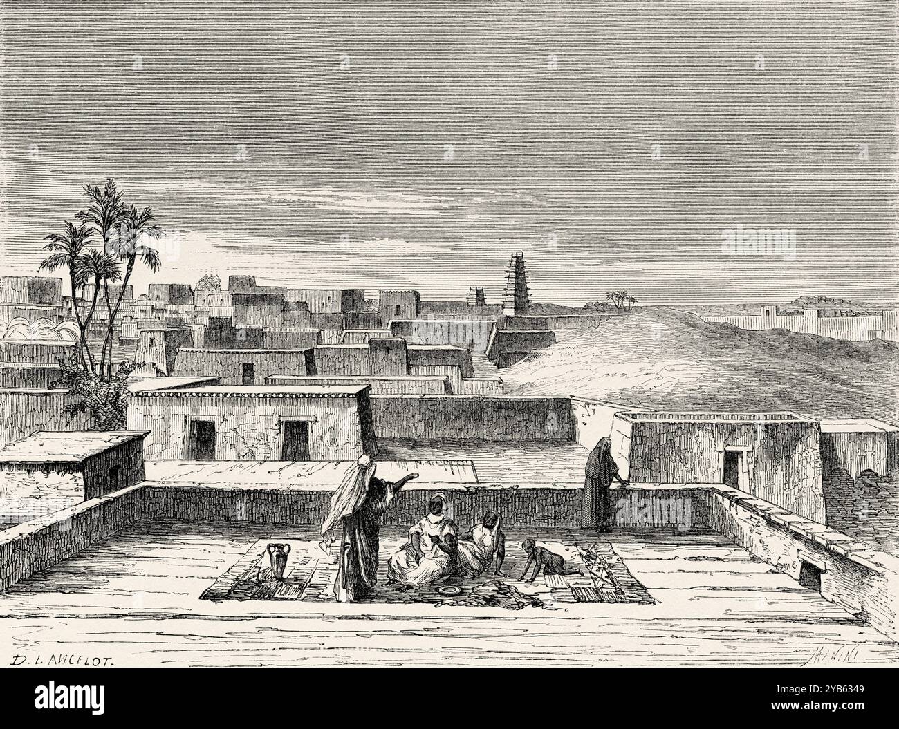 General view of the ancient city of Agadez, Niger, Africa. Drawing by ...