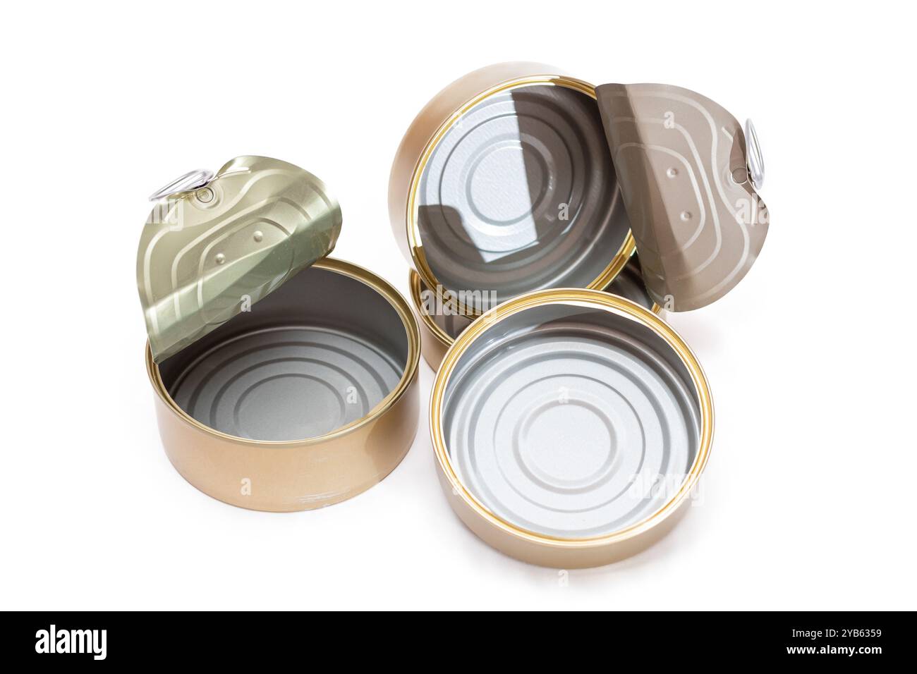 Three Opened Empty Tin Cans Isolated on White Background. Clean Used ...