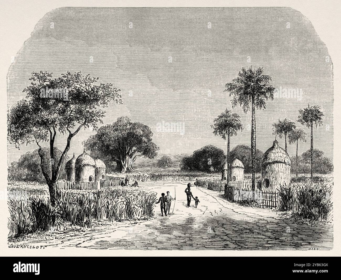Belenia village on the White Nile River, Sudan. Africa. Drawing by ...
