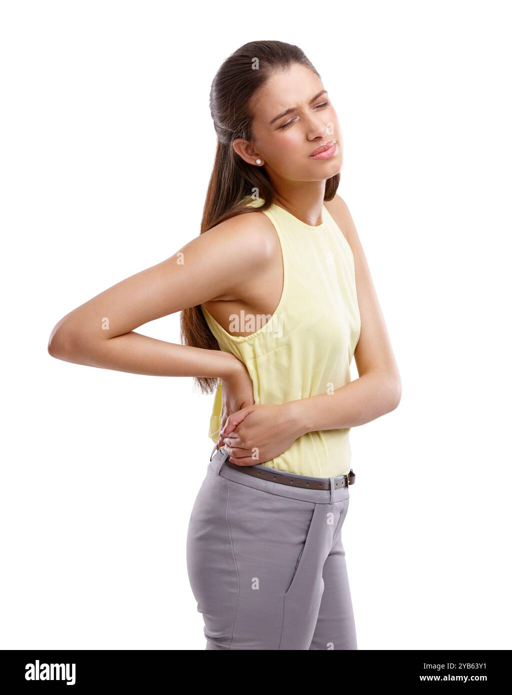 Posture, fatigue and woman in studio with back pain, ergonomic body ...