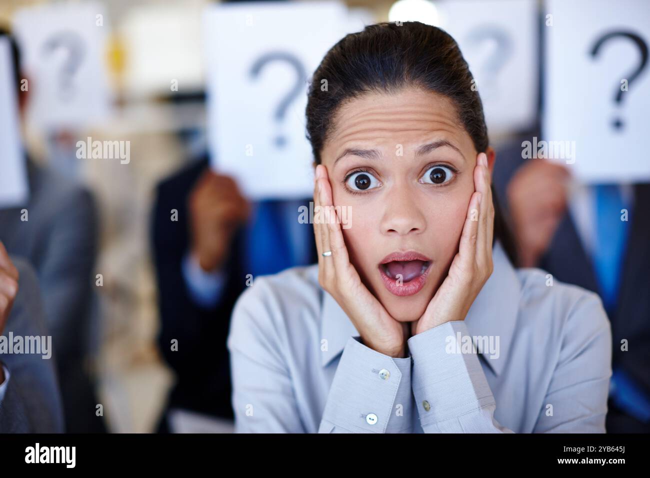 Business woman, surprise and portrait with question mark, poster and ...