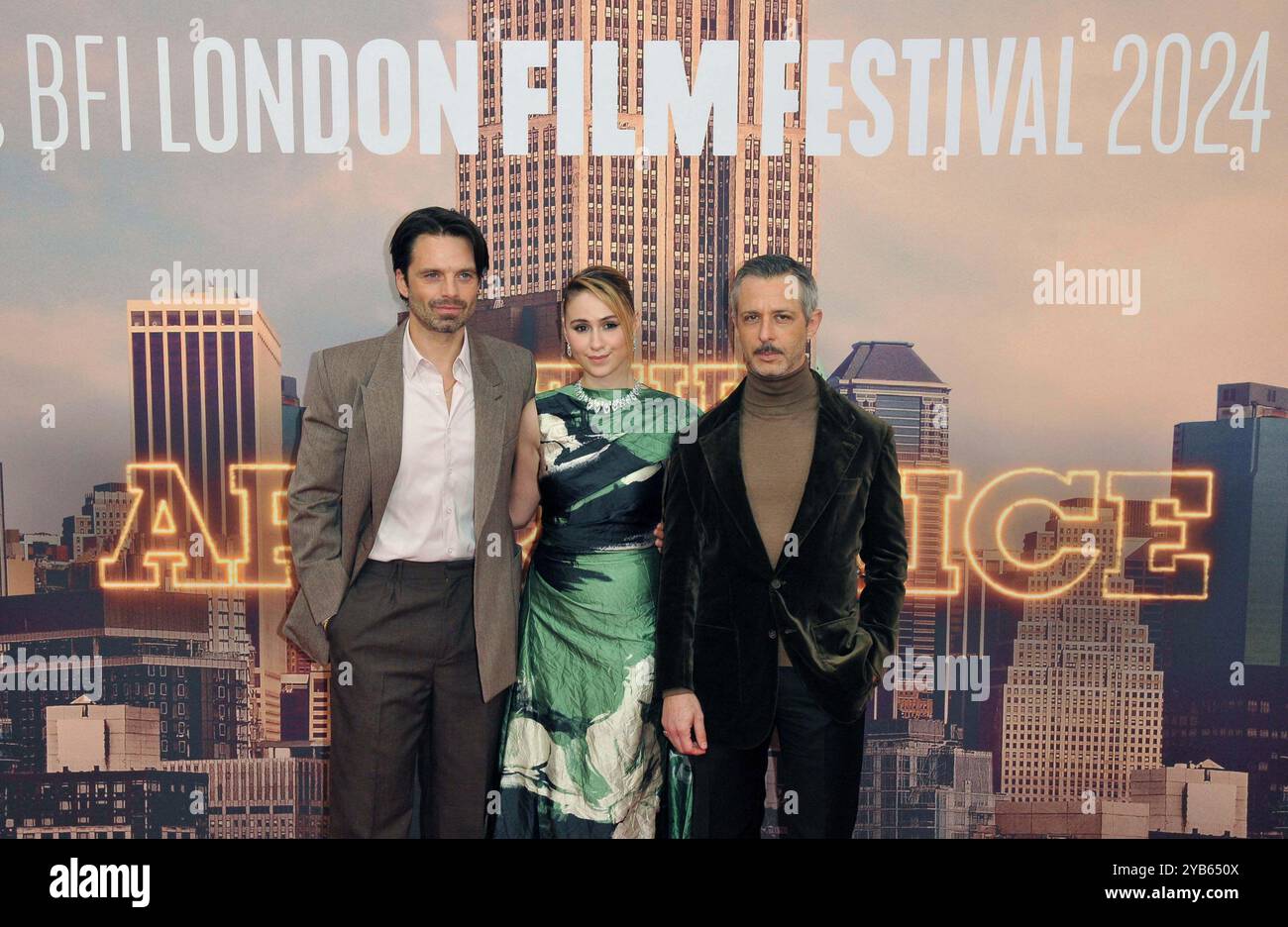 Sebastian Stan, Maria Bakalova, Jeremy Strong at the "The Apprentice" 68th BFI London Film ...