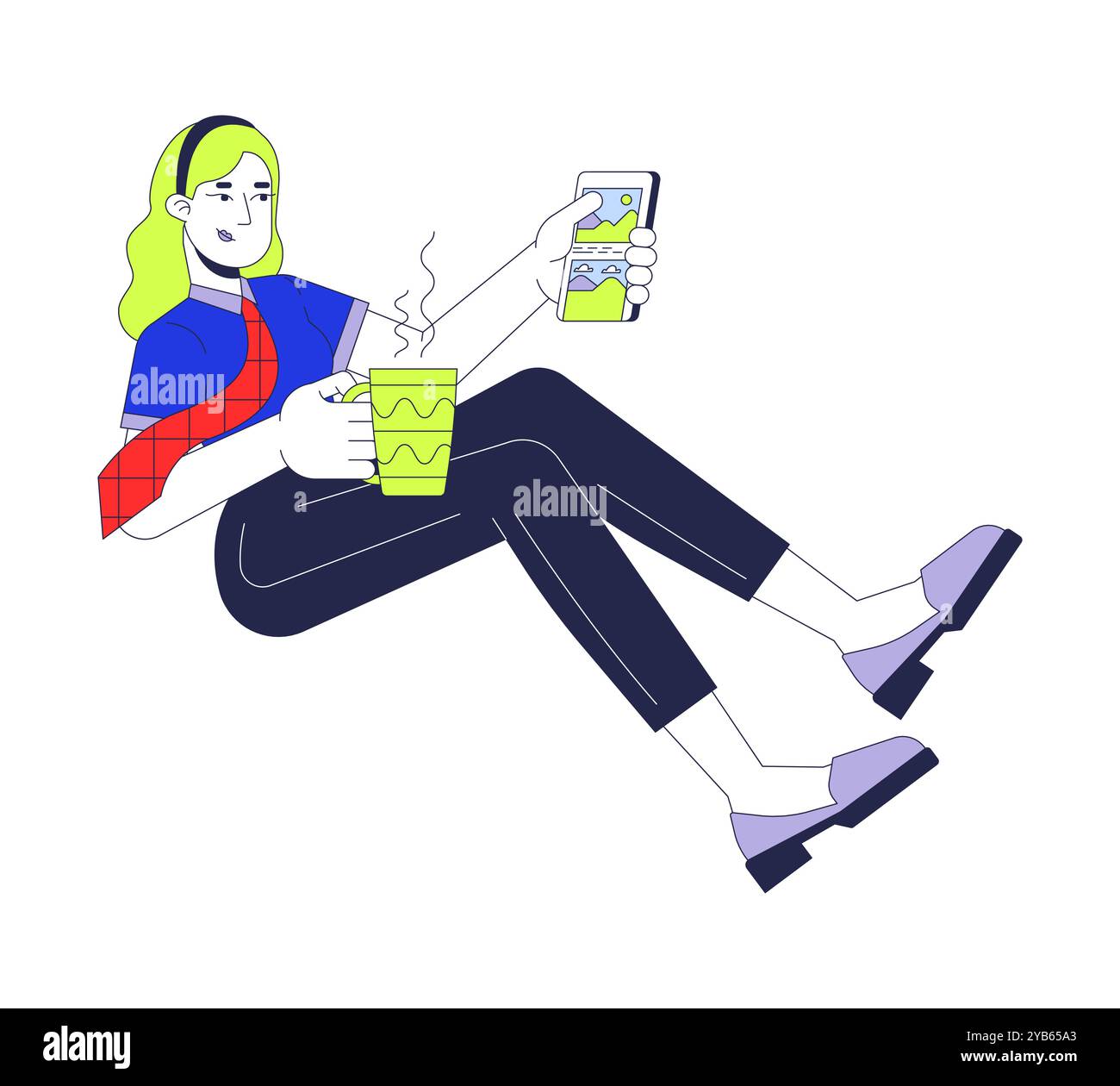 Coffee break office worker woman phone scrolling social media feed 2D cartoon character Stock ...