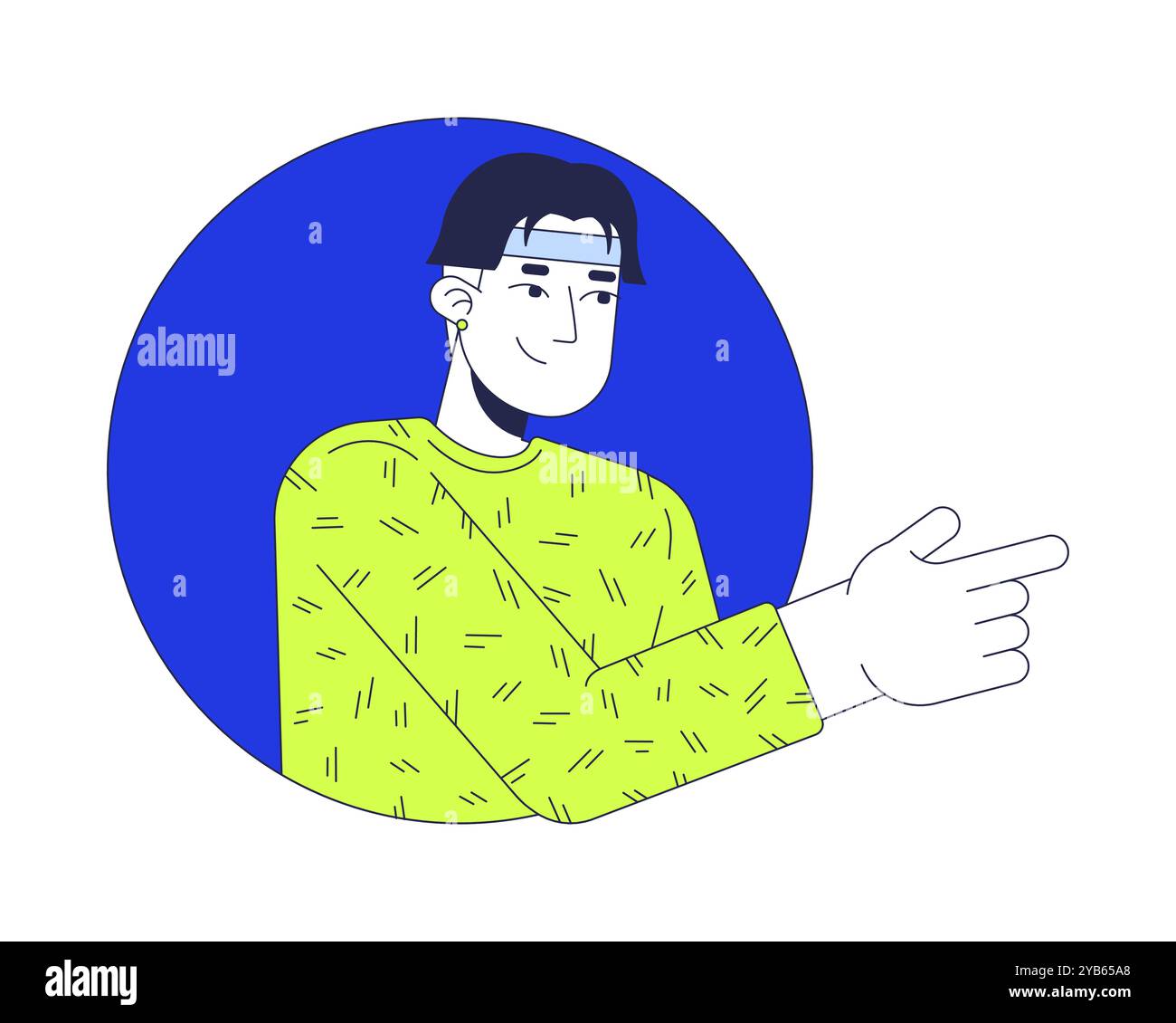 Finger pointing asian man in circle frame 2D cartoon character Stock ...