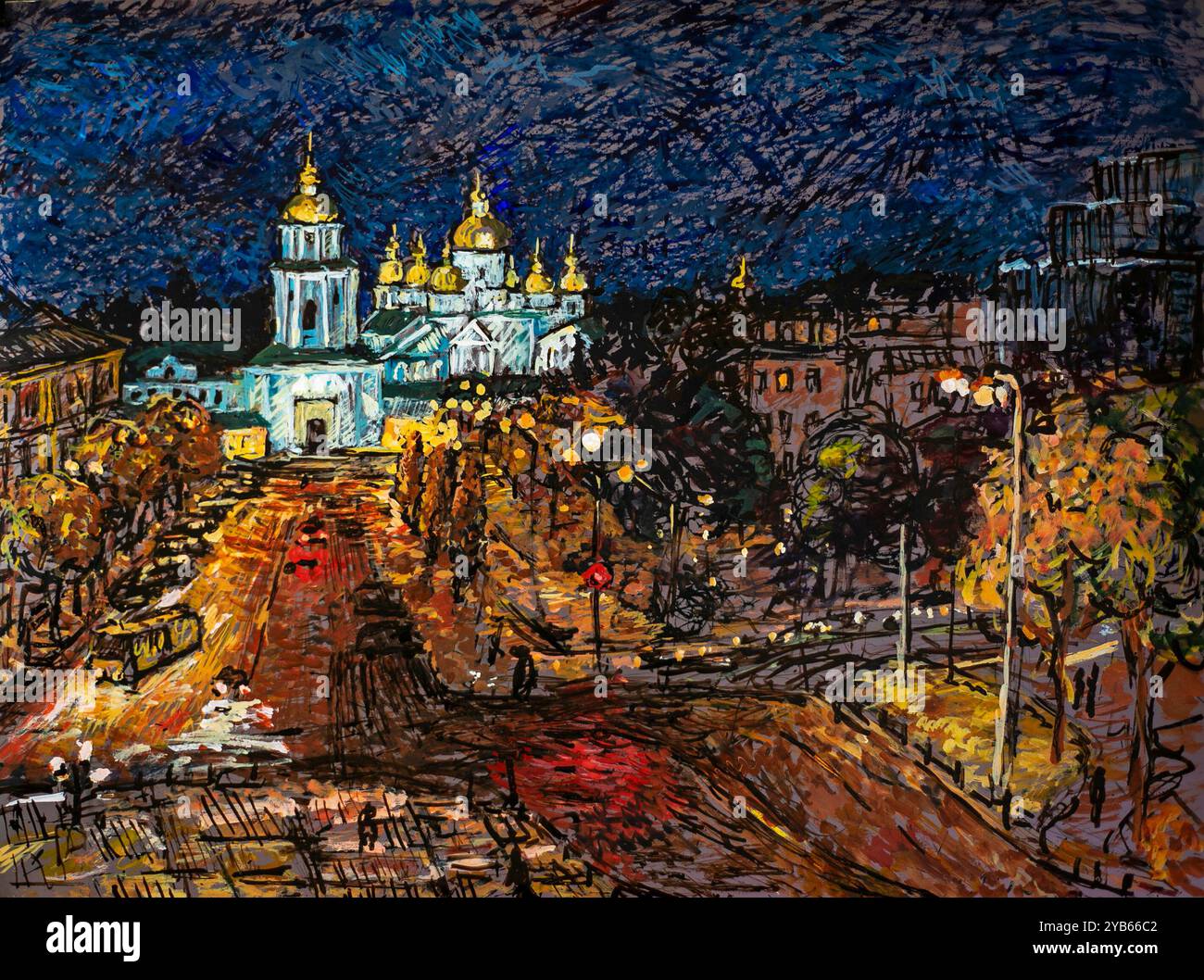 runy illustration of mikhaylovsky cathedral in Kyiv at night Stock ...