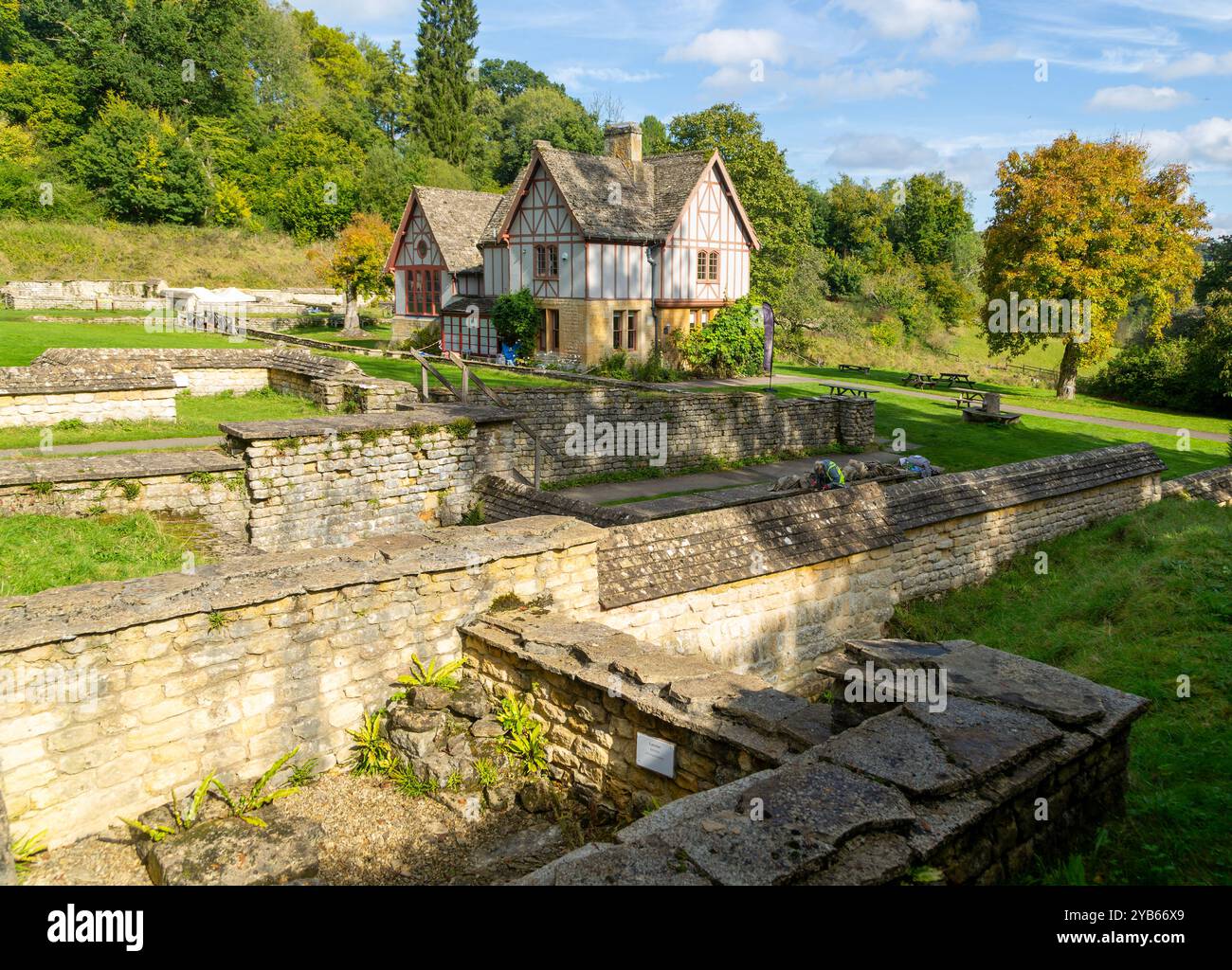 Overview of excavated walls and museum building, Chedworth Roman Villa ...