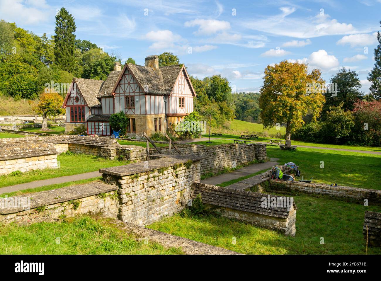 Overview of excavated walls and museum building, Chedworth Roman Villa ...