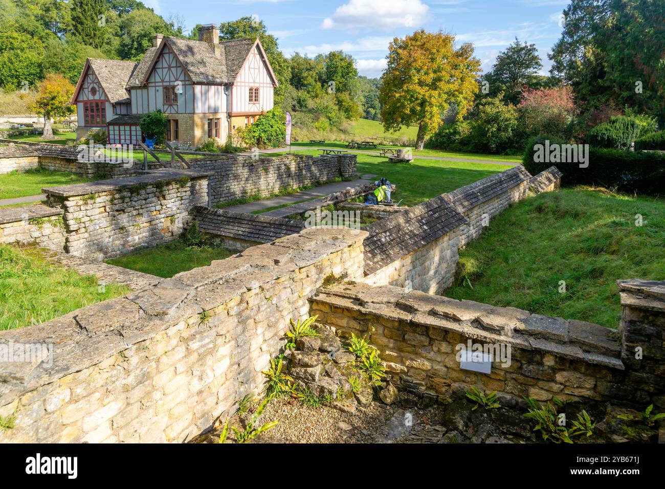 Overview of excavated walls and museum building, Chedworth Roman Villa ...