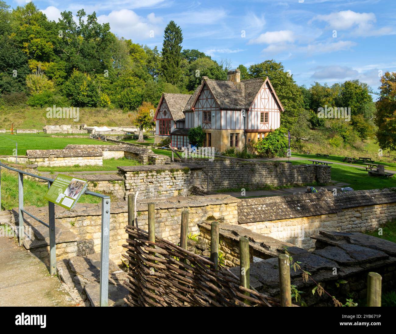 Overview of excavated walls and museum building, Chedworth Roman Villa ...