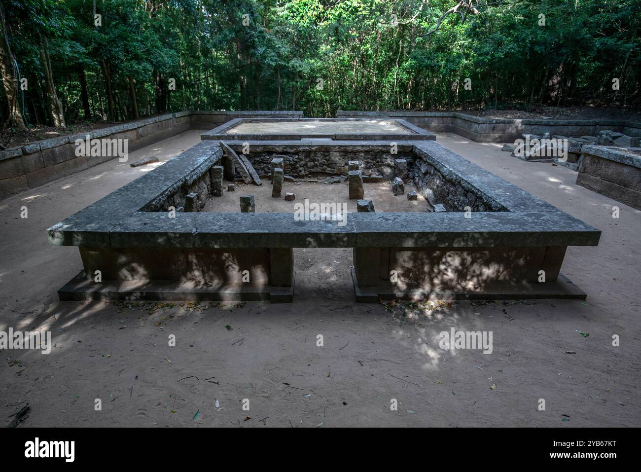 The ruins of a Padhanaghara, a double-platform stone structure, at the ...