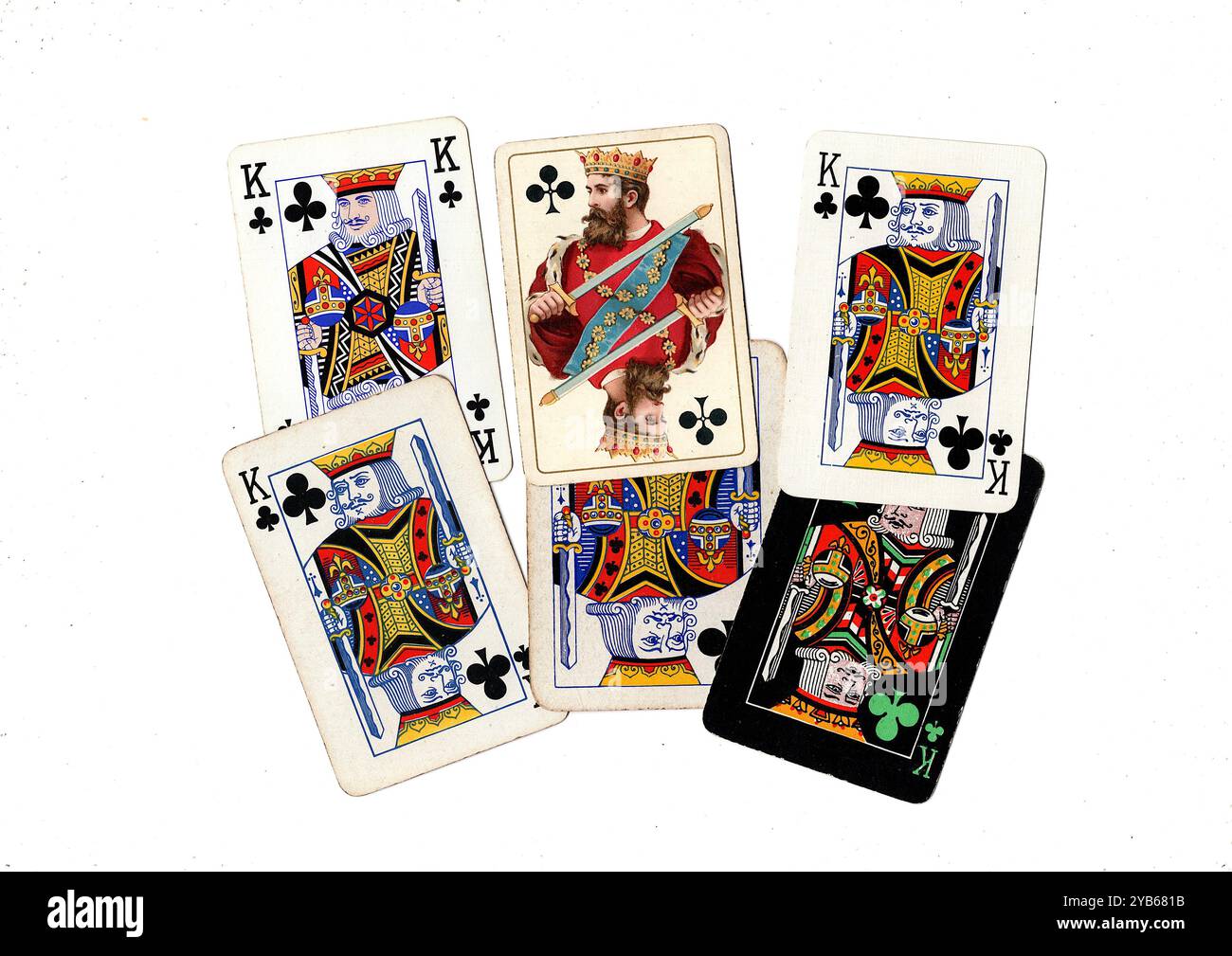 Six vintage king of clubs playing cards in different designs on a white ...