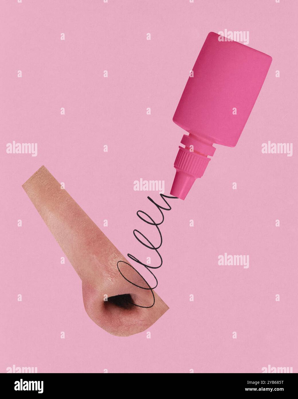 Contemporary art collage. Nose and pink bottle, representing cold ...