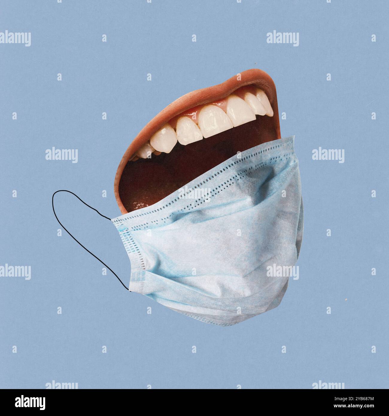 Contemporary art collage. Large mouth with mask symbolizes protection ...