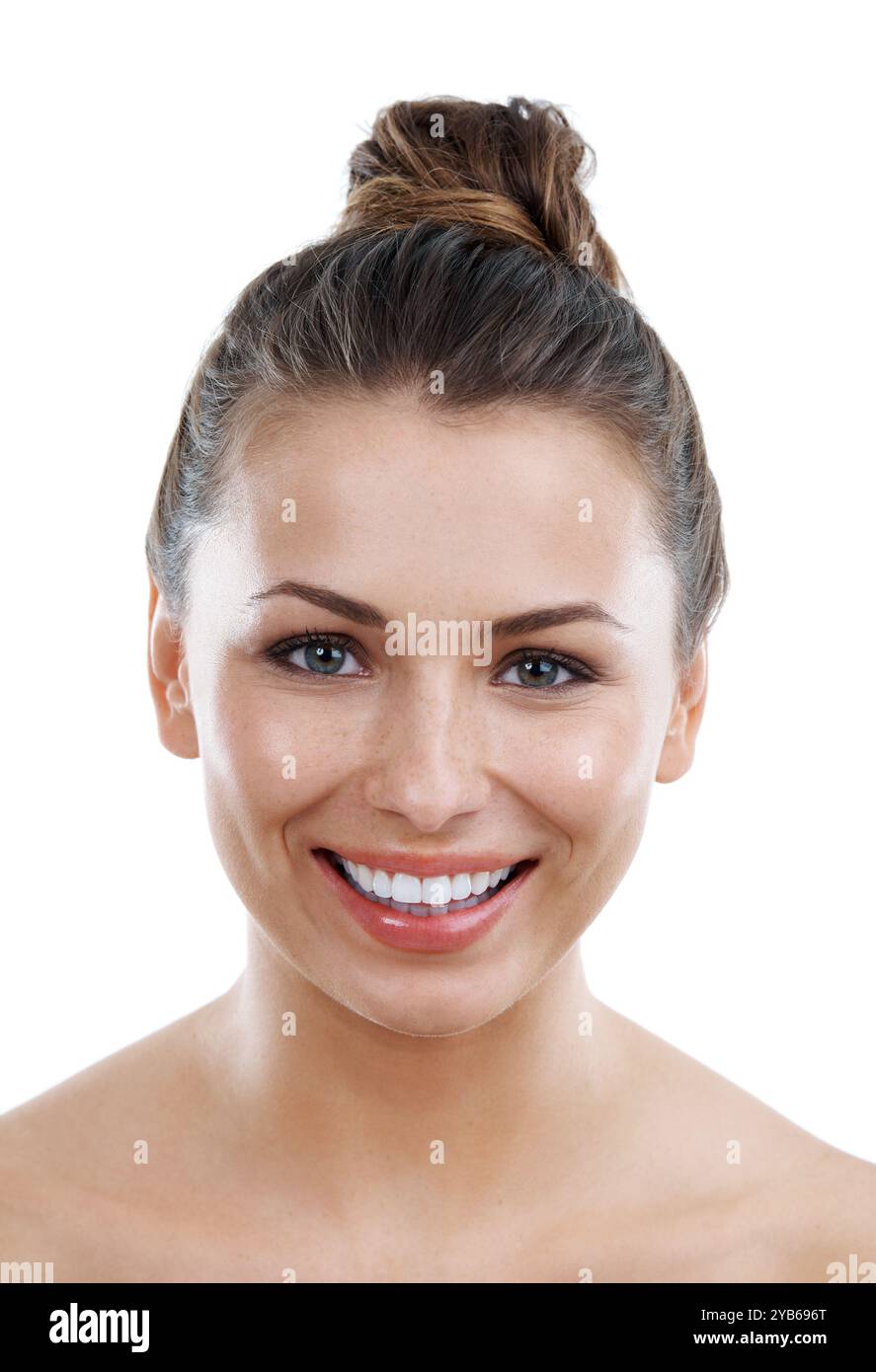 Smile, skincare and portrait of woman with freckles, melasma and ...