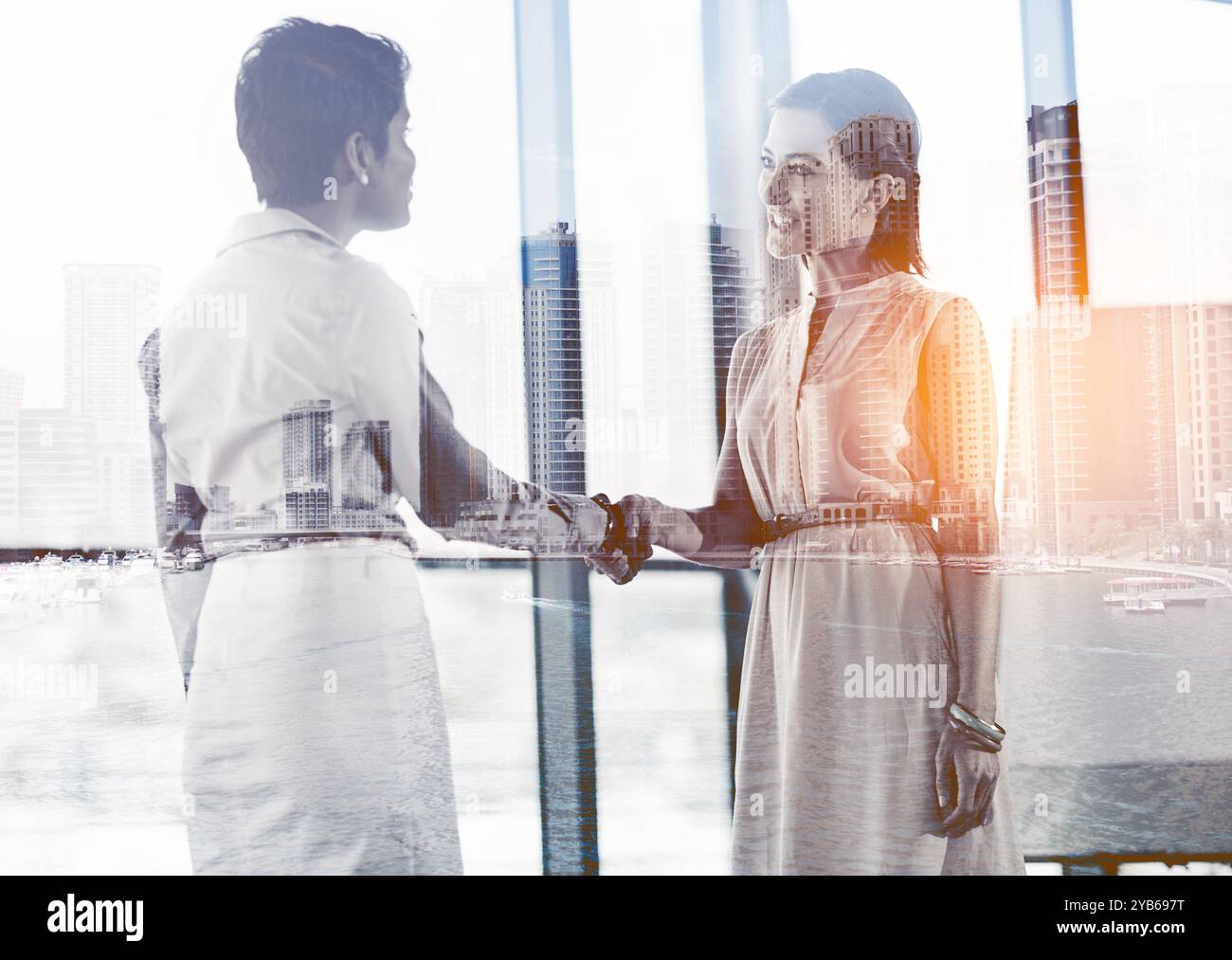 Business people, overlay and women with handshake, city and partnership ...