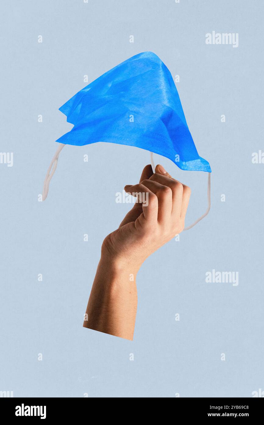 Contemporary art collage. Blue face mask held by hand, illustrating ...